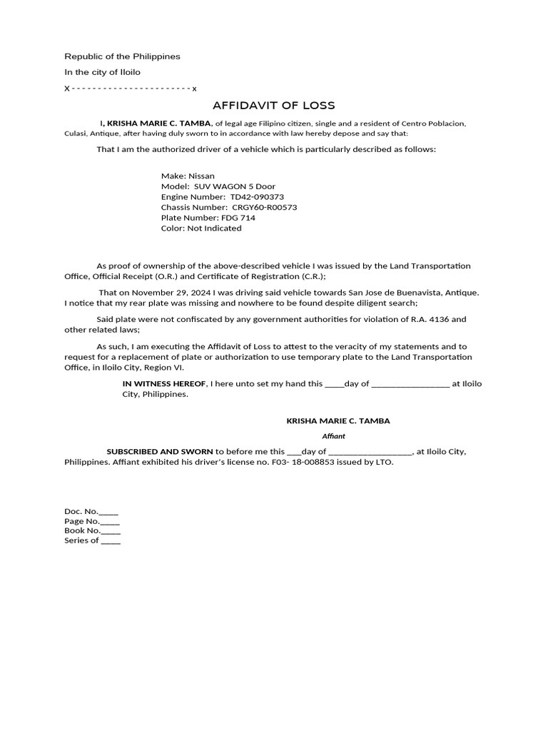 Affidavit of Loss Plate | PDF