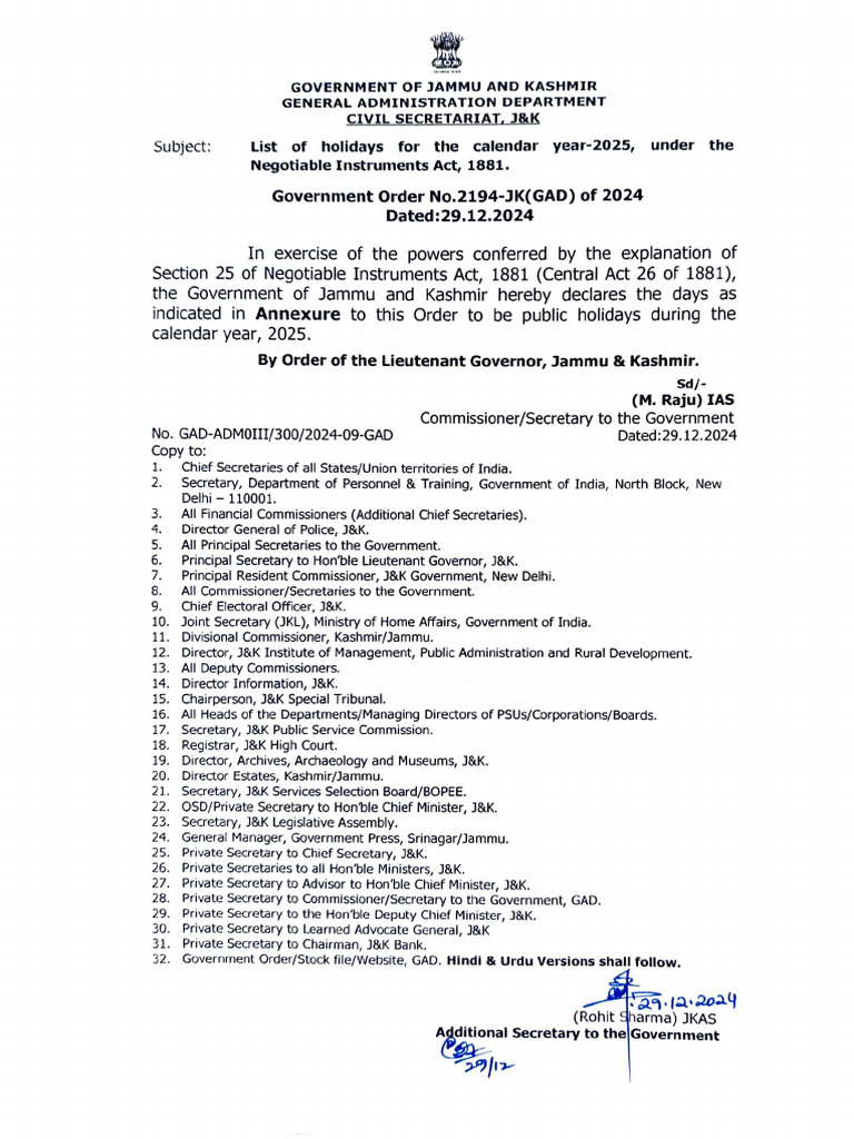 GAD Holiday List 2025 | PDF | Government Of India | Government
