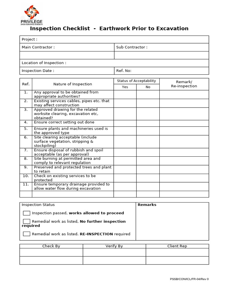 Inspection Earthwork Prior PRJ-FR01 | PDF
