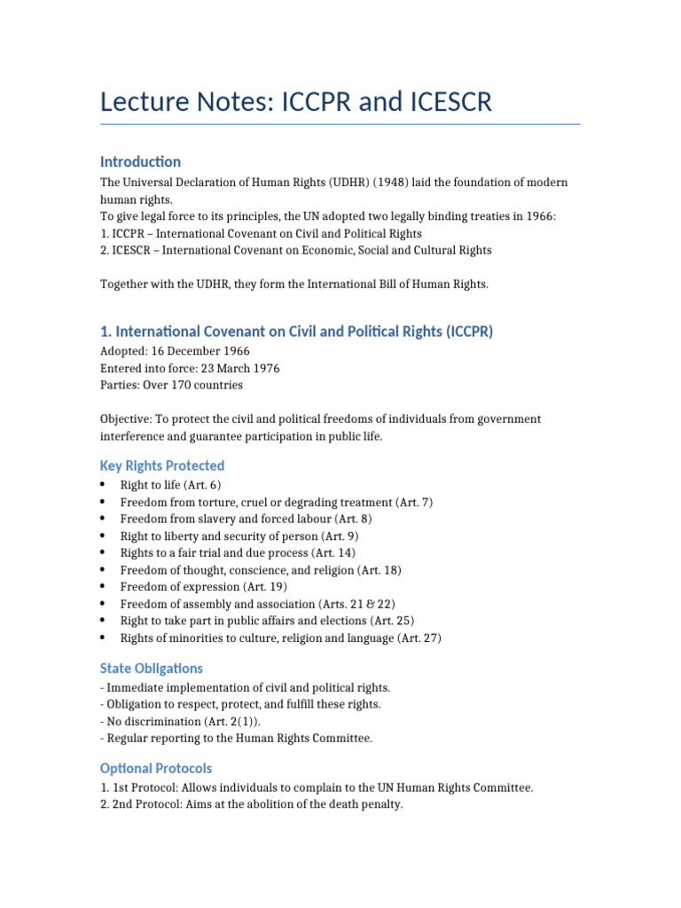 Iccpr Icescr Lecture Notes | PDF | Human Rights | Government