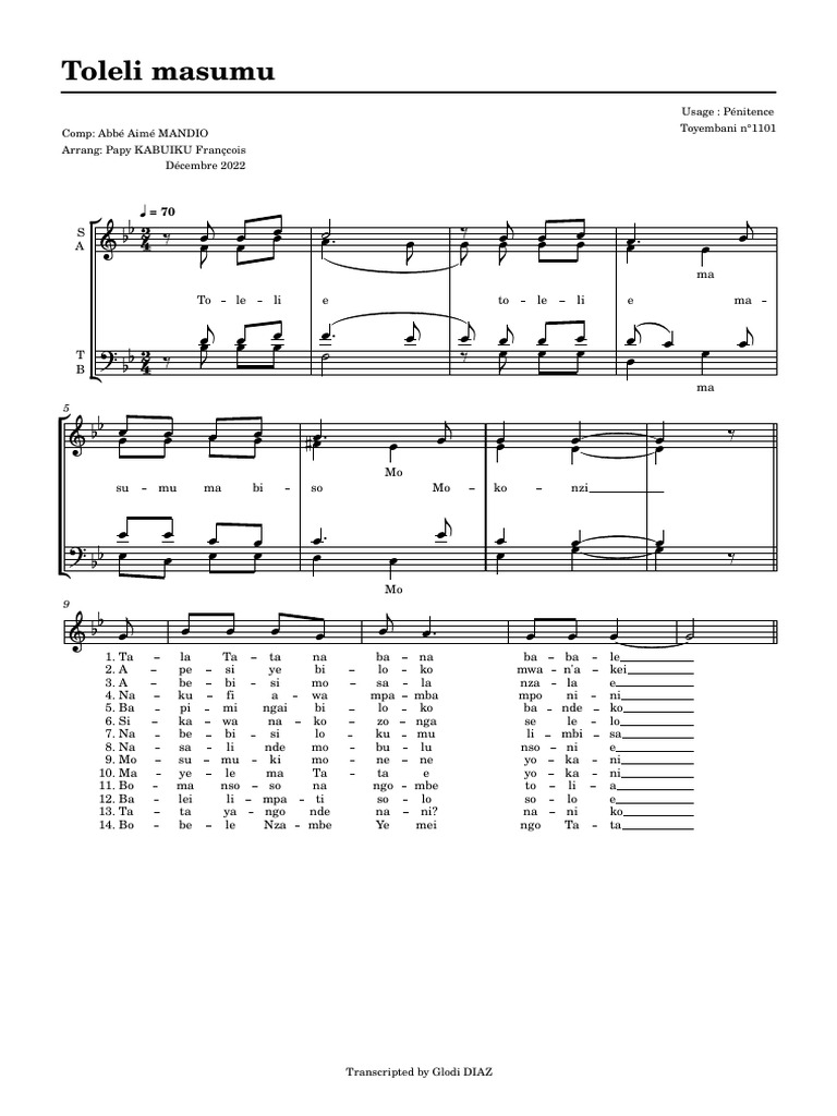 Toleli e Masumu - Abbé Aimé Mandio - Arr - Papy Kabuiku 2 | PDF