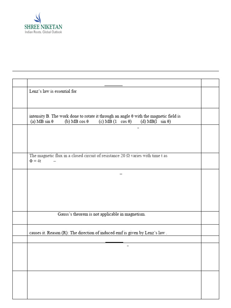 Grade XII Physics Worksheet 2025-26 | PDF | Electromagnetic Induction ...