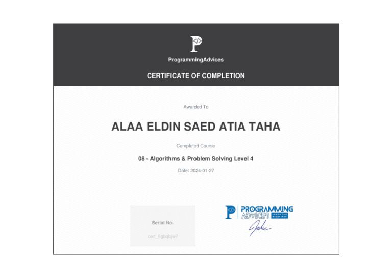 Certificate of Completion For 08 Algorithms Problem Solving Level 4 | PDF