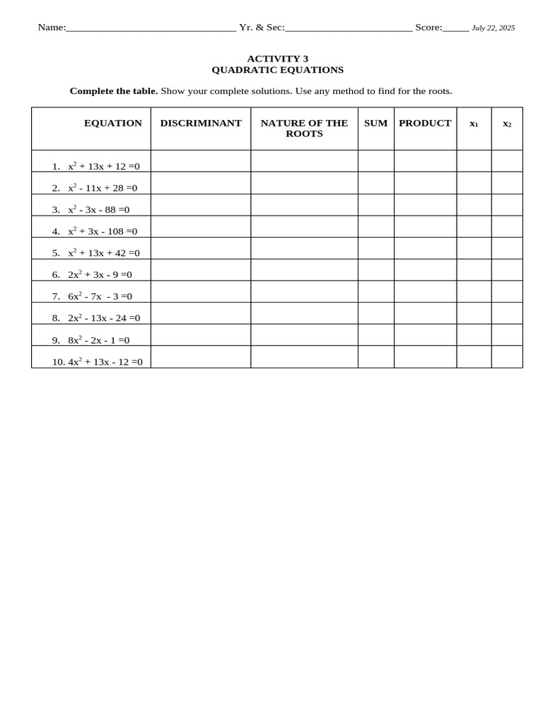 Quadratic Equations Activity Worksheet | PDF