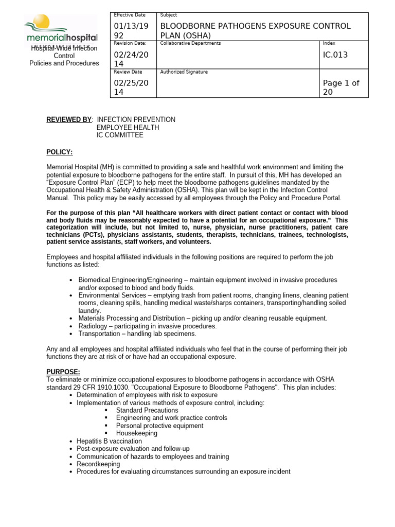 Bloodborne Pathogens Exposure Control Plan (Osha) | PDF | Personal ...