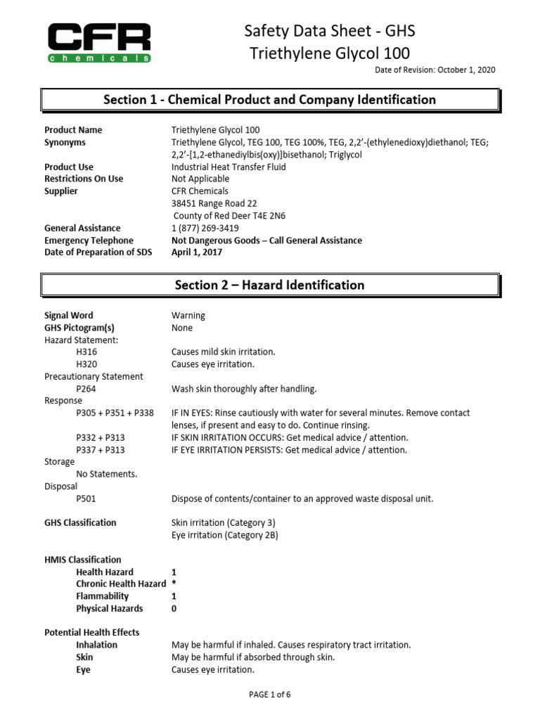 Triethylene Glycol TEG 100 SDS 2020 | PDF | Personal Protective Equipment | Firefighting
