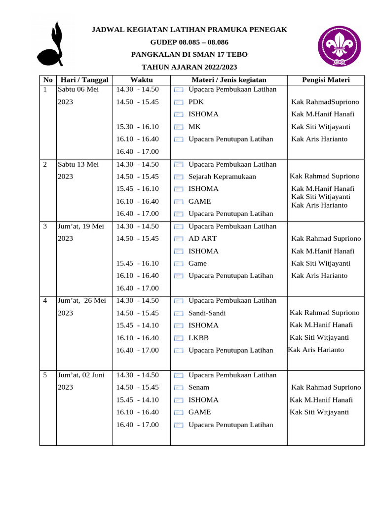 Jadwal Kegiatan Latihan Pramuka | PDF