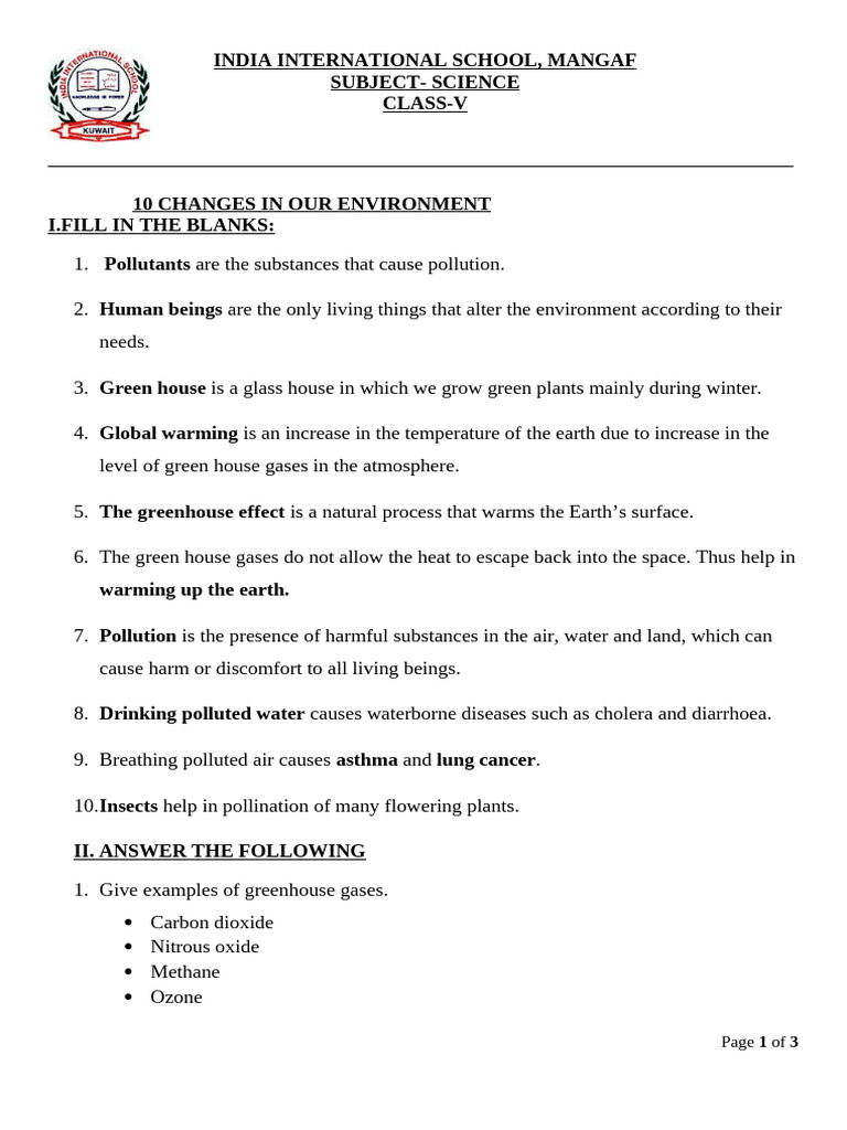 Iis W Class5 L-10 Changes in Our Environment 2024-25 | PDF | Climate Change | Greenhouse Gas
