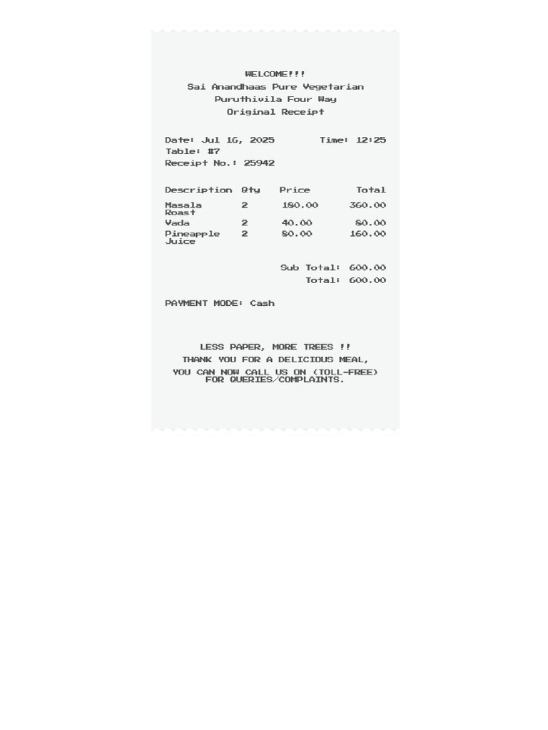 Restaurant Bill Breakfast 16072025 | PDF