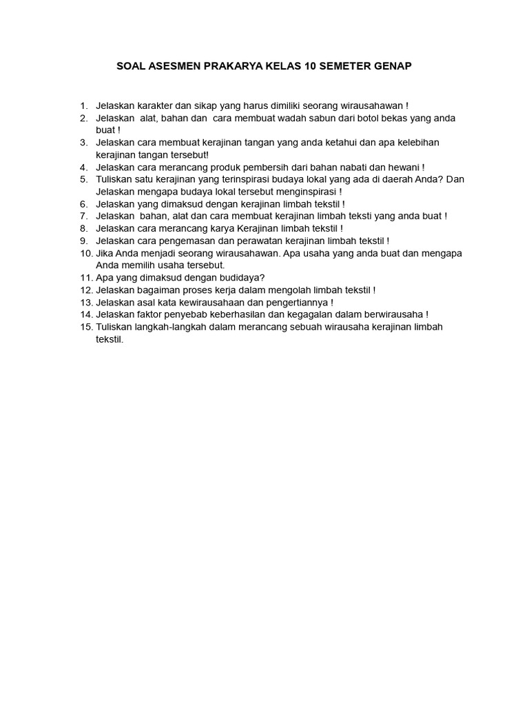 Soal Asesmen Prakarya Kelas 10 Semeter Genap | PDF