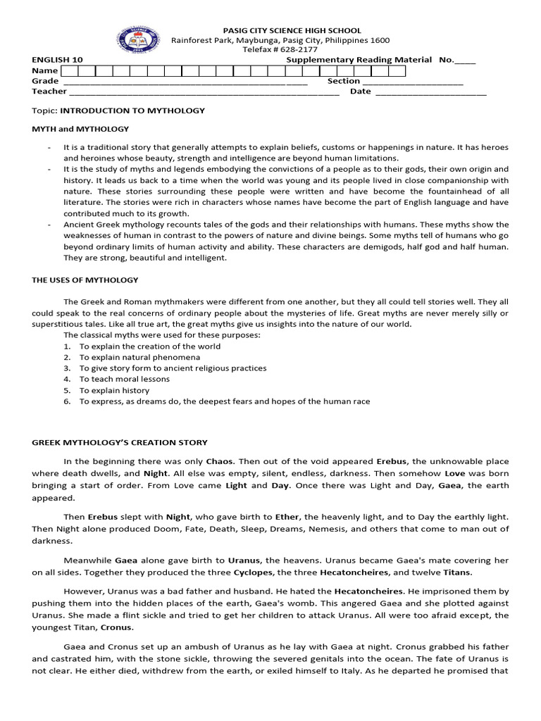 Introduction To Mythology | PDF | Zeus | Twelve Olympians