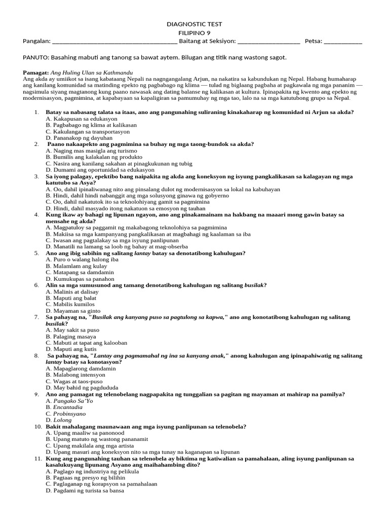 Diagnostic Test g9 | PDF