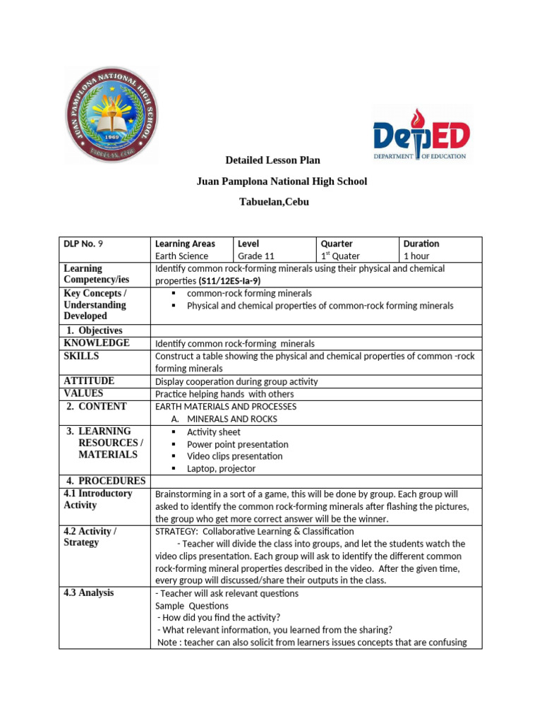Grade 11 Earth Science Lesson Plan | PDF | Rock (Geology) | Minerals