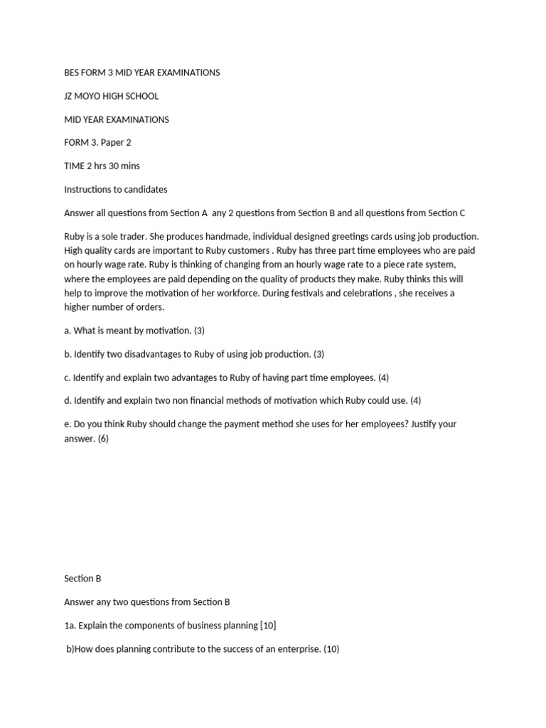 Bes Form 3 Mid Year Exams 2025 | PDF