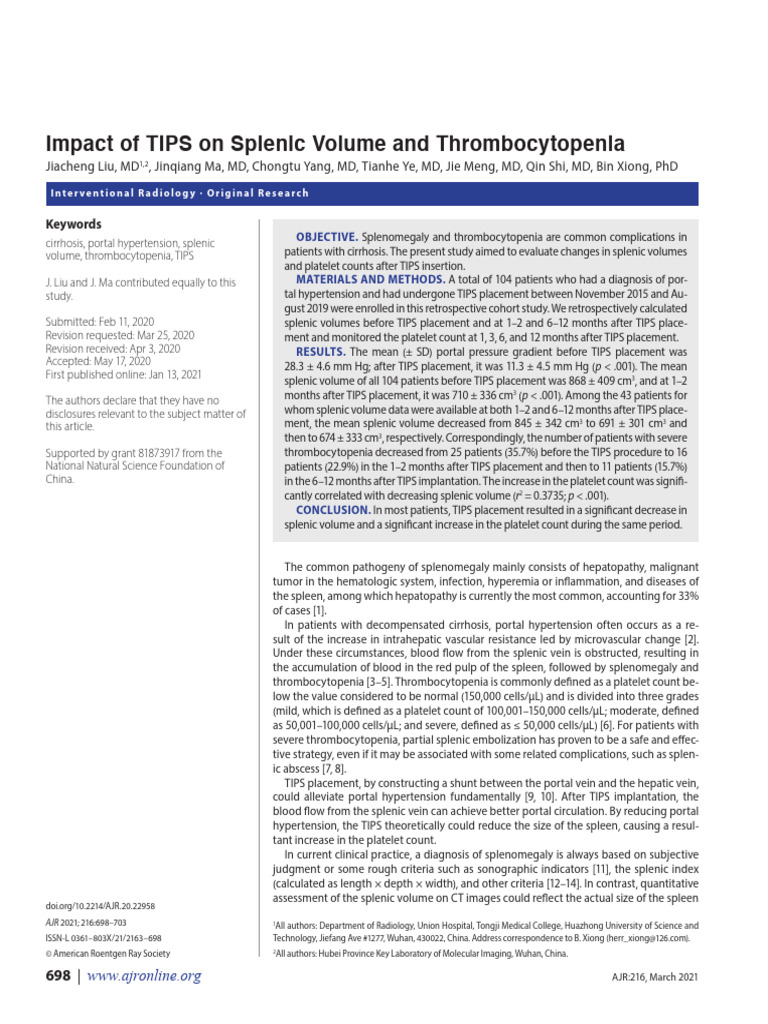 Liu Et Al 2021 Impact of Tips On Splenic Volume and Thrombocytopenia ...