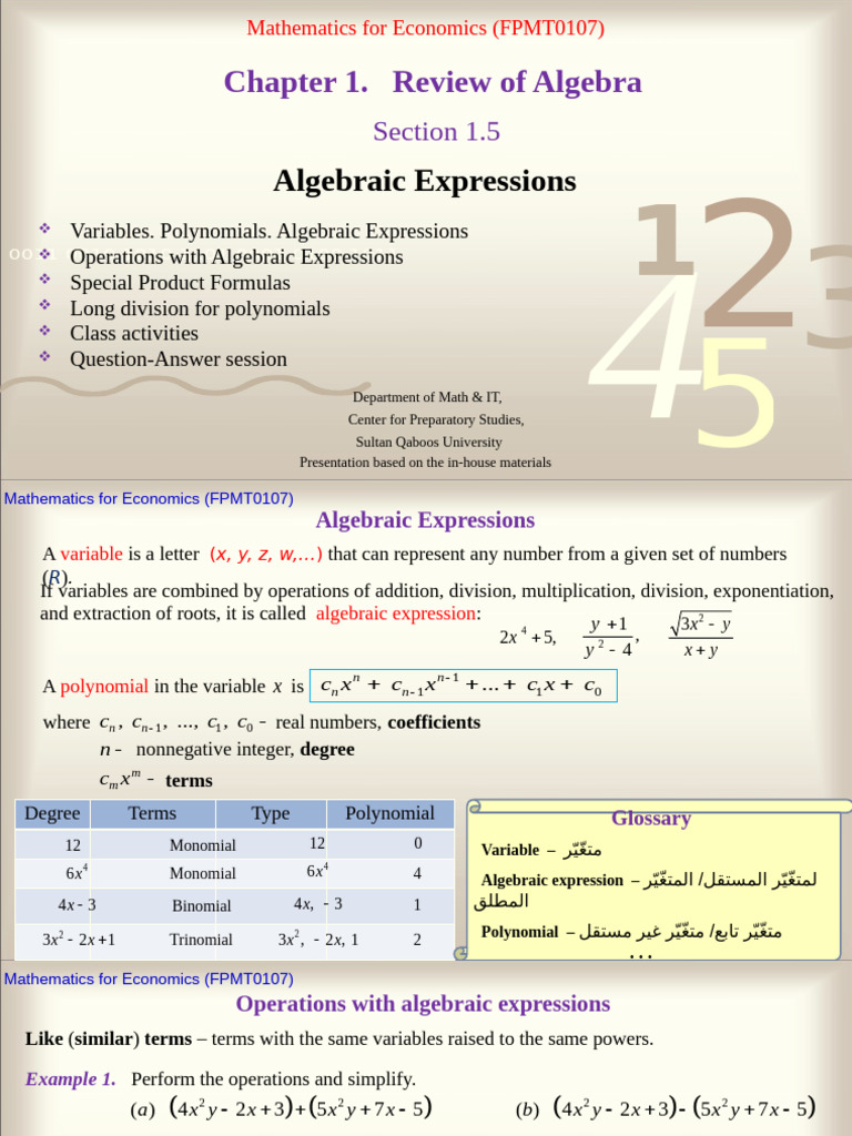 Lecture 5. Algebraic Expressions (Section 1.5) | PDF | Division ...