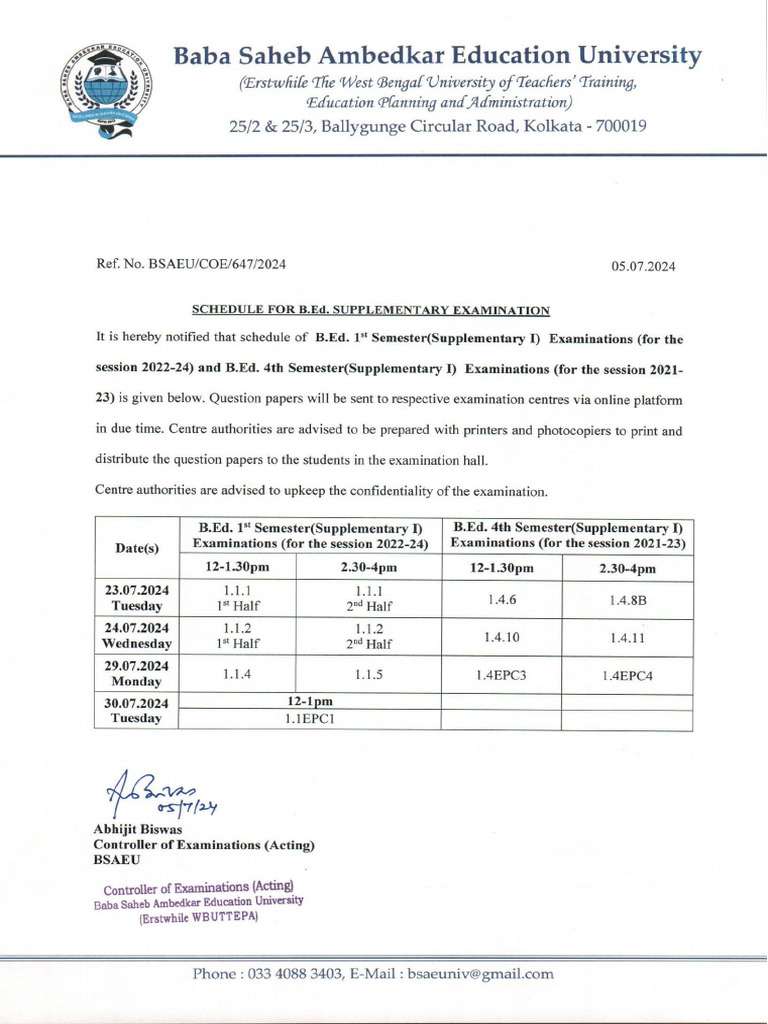 Schedule For B Ed Supplementary Examination | PDF