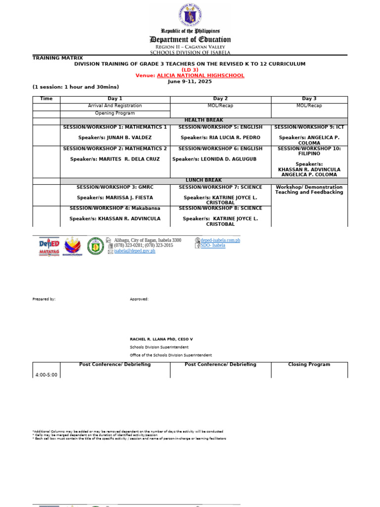 Grade 3 Teacher Training Schedule | PDF
