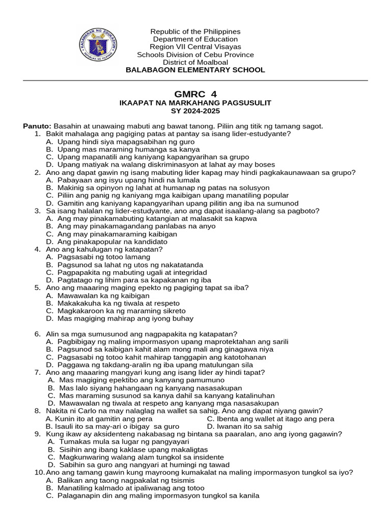 GMRC-4th Quarterly Practice Test | PDF