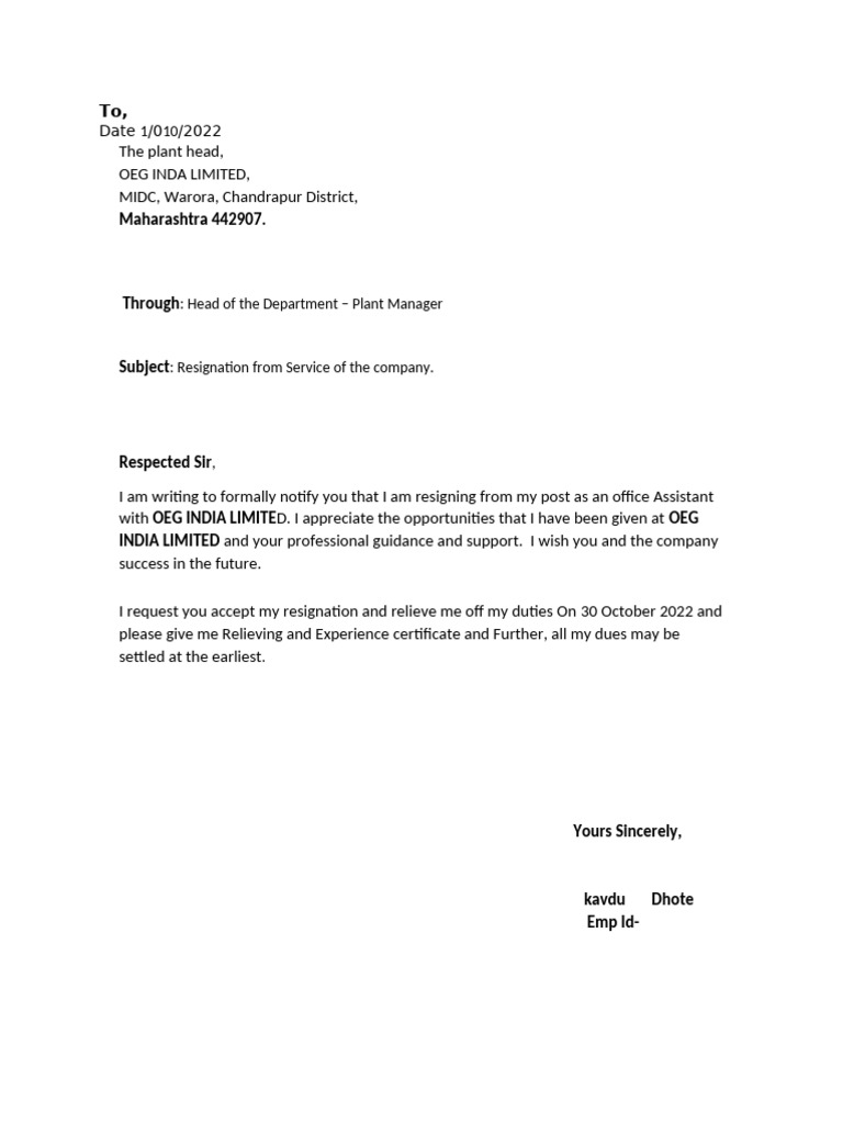 Resignation Letter from Office Assistant | PDF