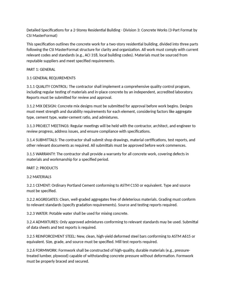 Concrete Specifications for 2-Storey Home | PDF | Concrete ...