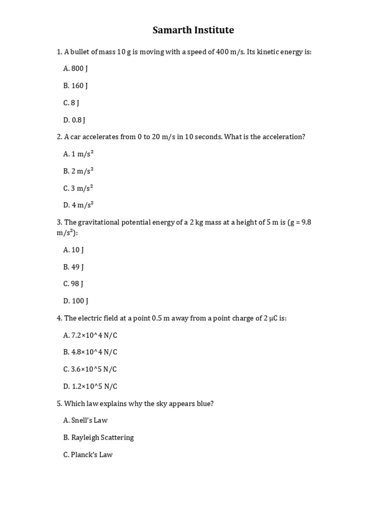 Physics Aptitude Questions Samarth Institute | PDF | Waves | Wavelength