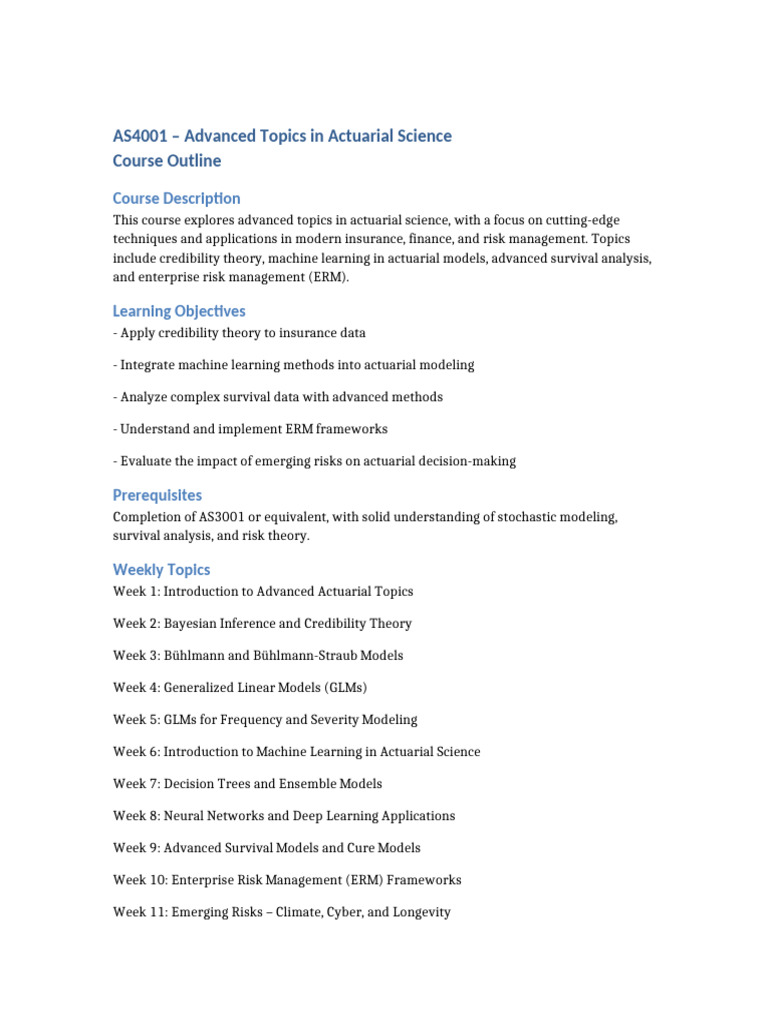 AS4001 Advanced Topics in Actuarial Science - Course Outline | PDF