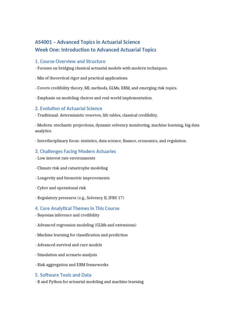 AS4001 Advanced Topics in Actuarial Science - Week One | PDF
