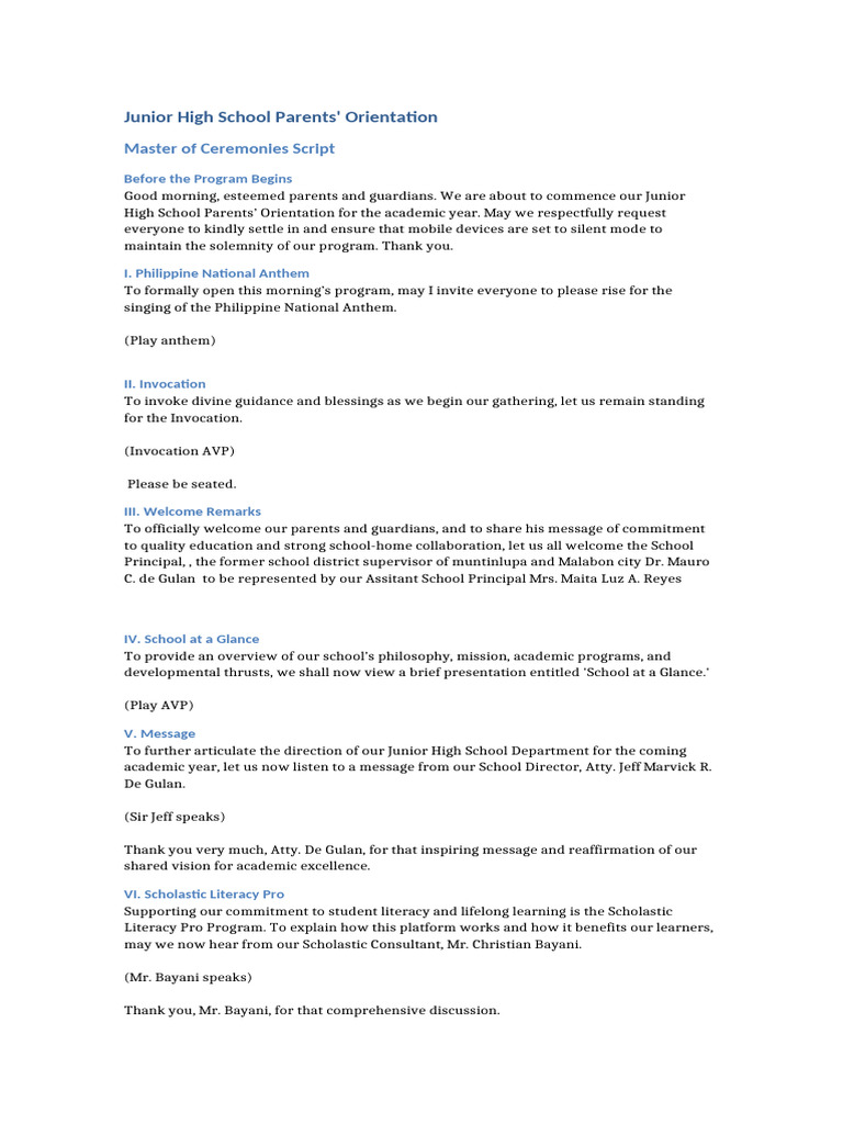 JHS Parents Orientation Emcee Script | PDF