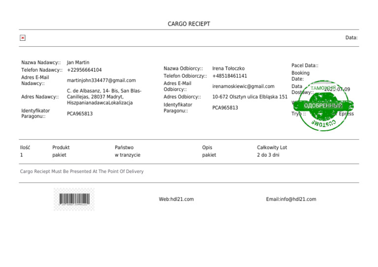 Cargo Reciept: Cargo Reciept Must Be Presented at The Point of Delivery ...