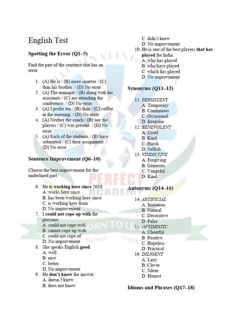 English Test - Spotting Error | PDF