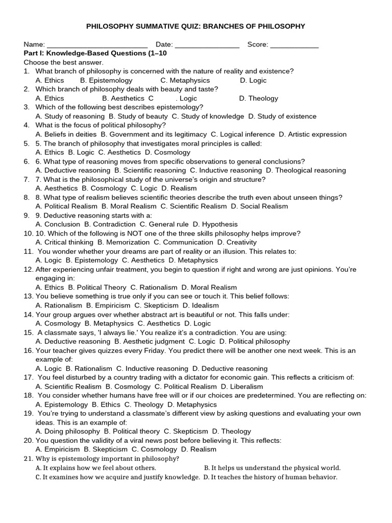 Philosophy Branches Quiz | PDF | Epistemology | Reason