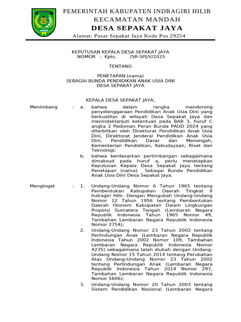 Penetapan Bunda PAUD Desa Sepakat Jaya | PDF