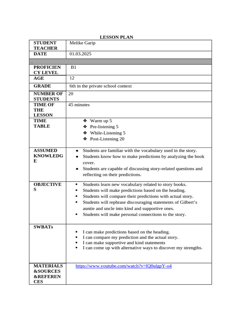 B1 Lesson Plan: Story Predictions & Empathy | PDF | Reading ...