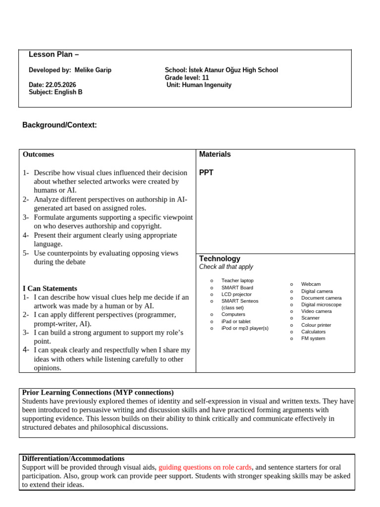 Ib Lesson Plan Human Ingenuity 2025 | PDF | Intelligence (AI ...
