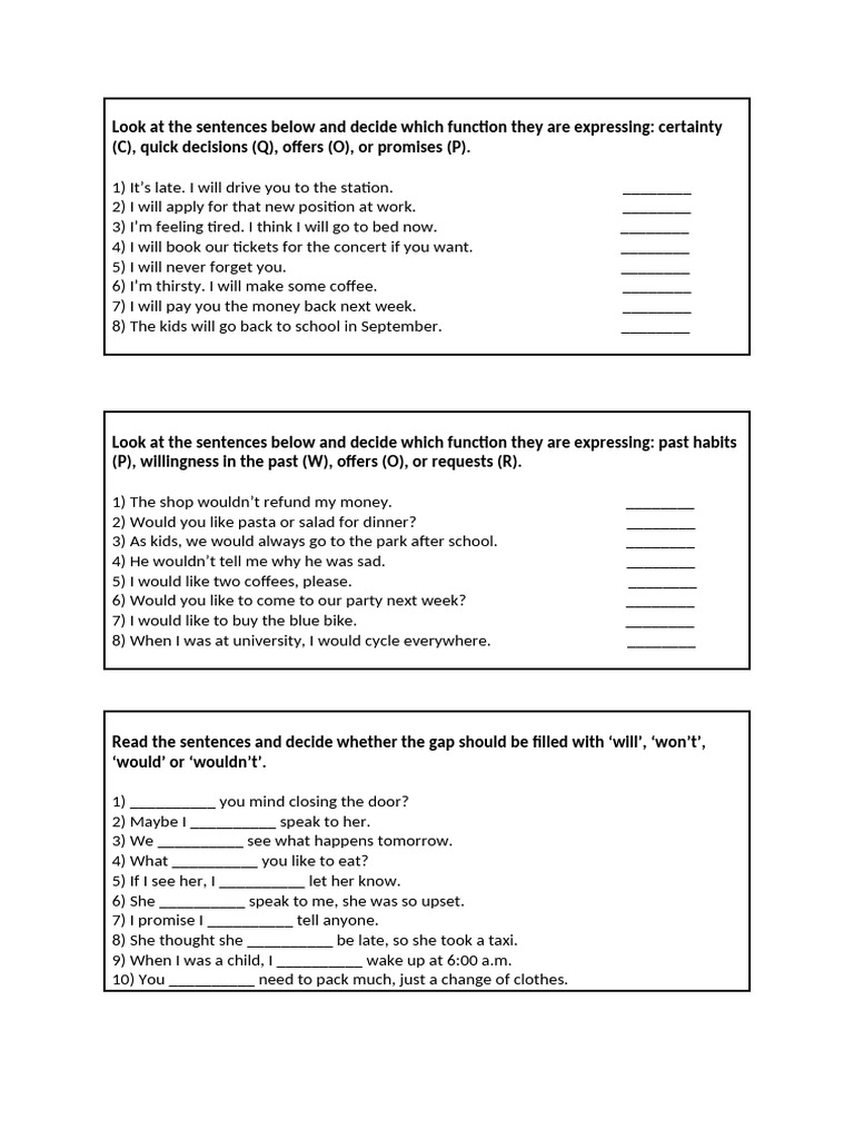 Will vs Would Exercises Guide | PDF