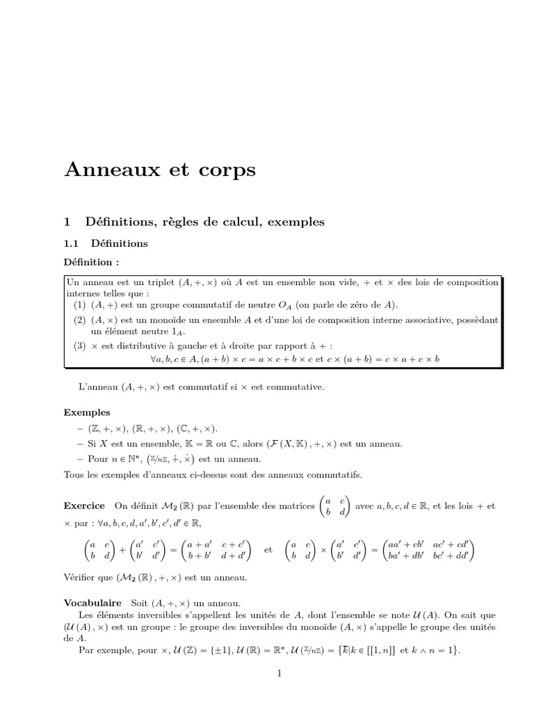 Concepts d'anneaux et de corps | PDF | Anneau (mathématiques ...