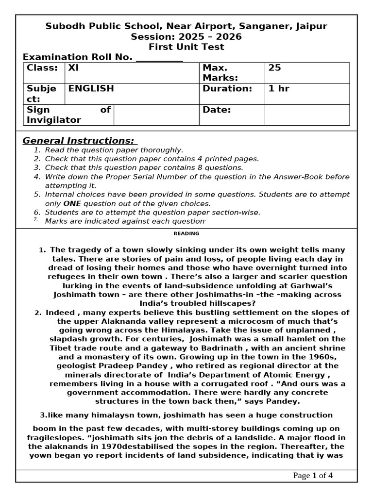 XI English Sample Paper | PDF