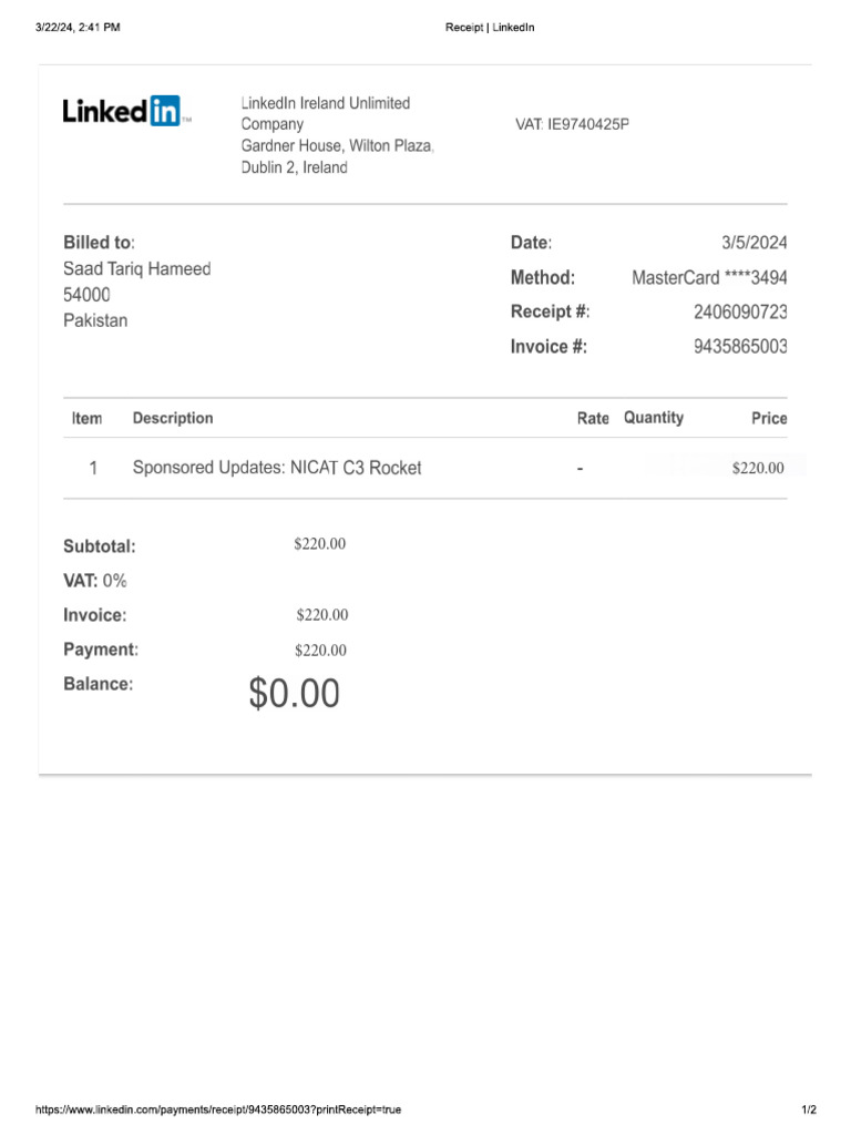 Invoice - NICAT C3 Campaign LinkedIn, Sample Template | PDF