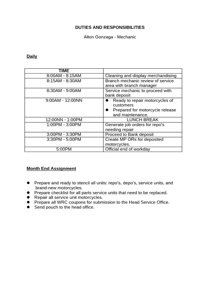 Mechanic Daily Duties and Responsibilities | PDF
