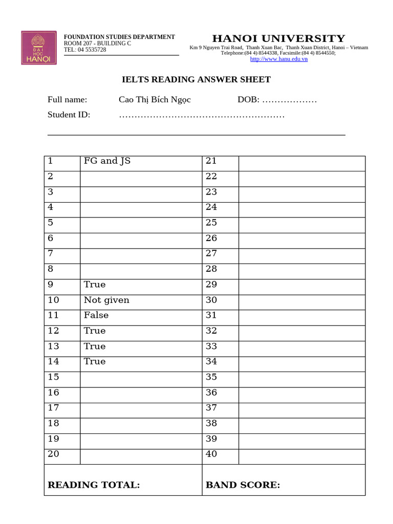 Answer Sheet Reading | PDF