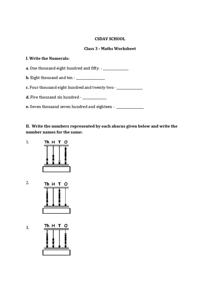 Class 3 Maths Worksheet on Numerals | PDF