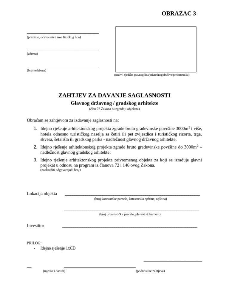 Obrazac 3 Zahtjev Za Davanje Saglasnosti Glavnog Gradskog Arhitekte 1 | PDF