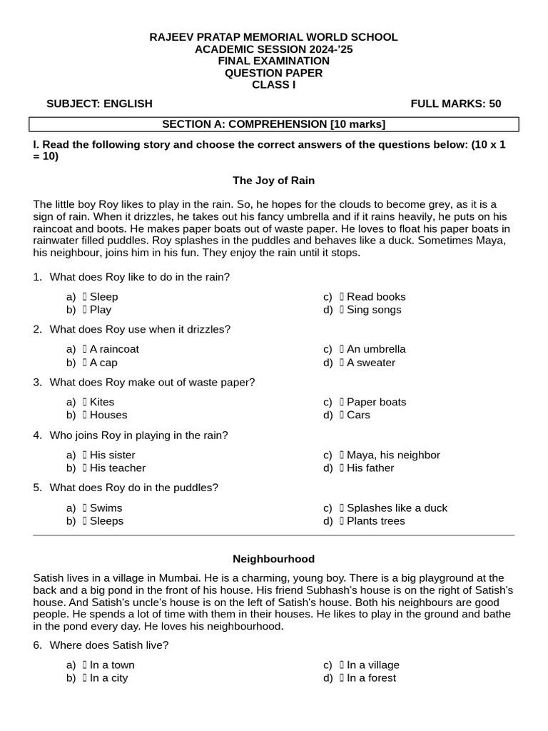 Class I English Final Exam Paper 2024 | PDF