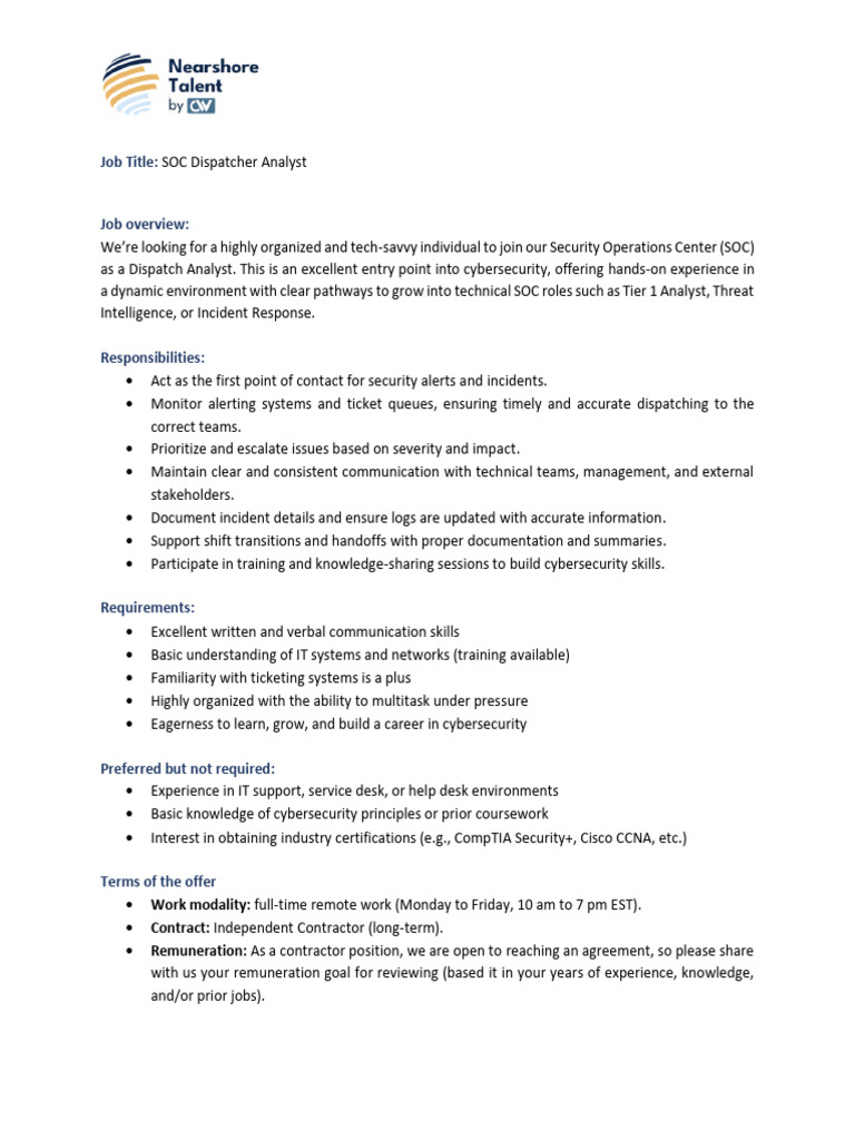 Soc Dispatcher - Job Description | PDF | Computer Security | Security