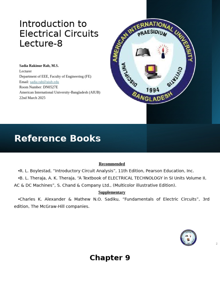 AIUB - Intro To Electrical Circuits - Lecture 8 | PDF | Electrical Engineering | Electricity