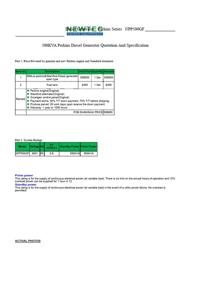 500kva Diesel Generator Quotation | PDF | Engines | Electric Generator