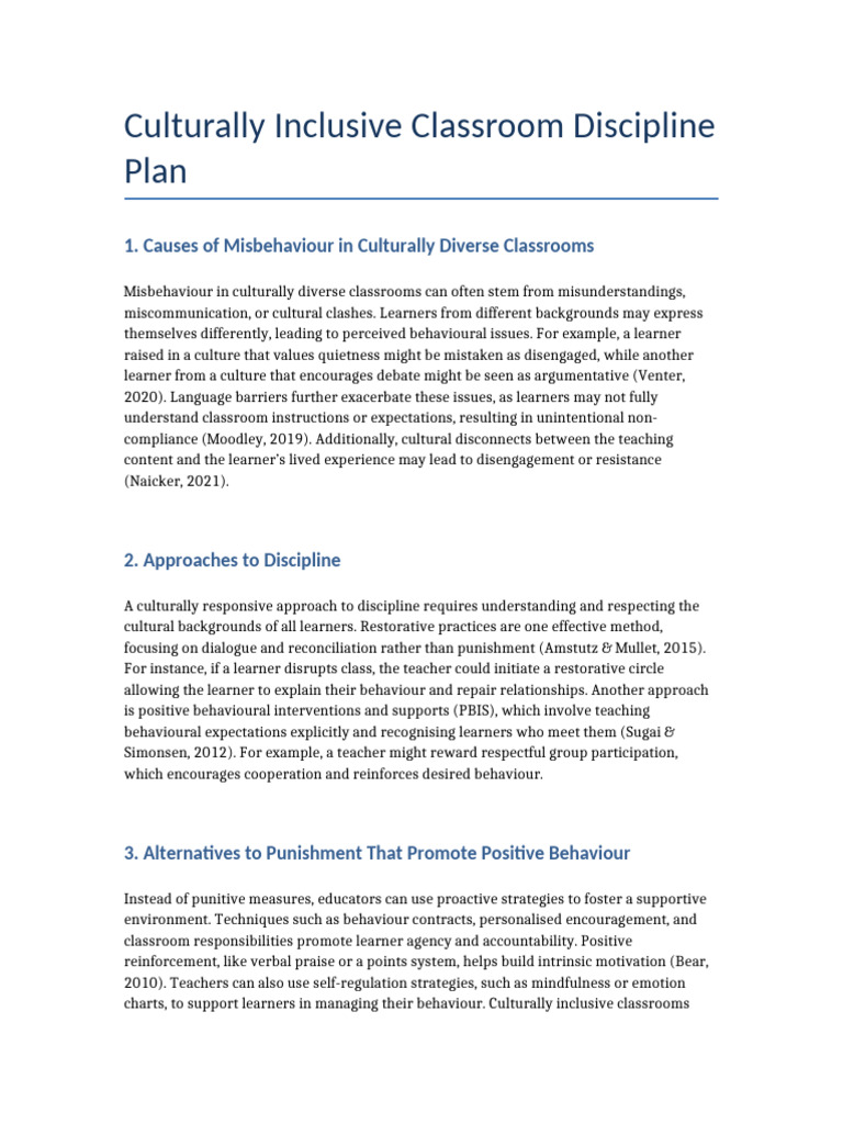 Culturally Inclusive Classroom Discipline Plan Expanded | PDF ...