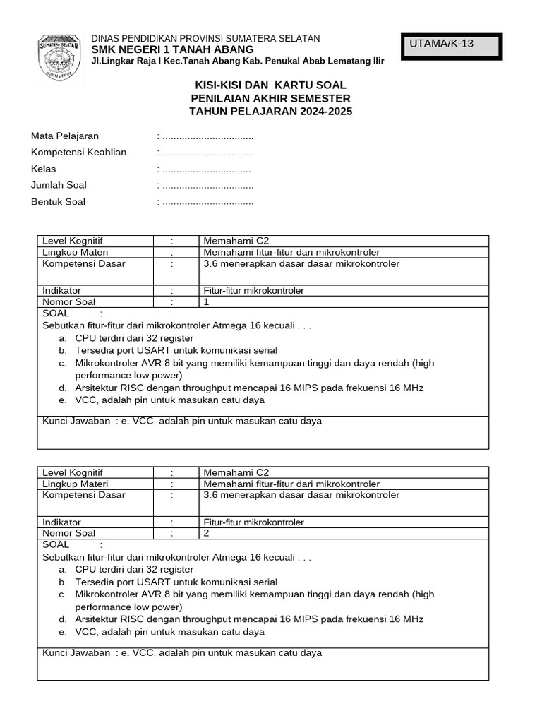 Blangko Kisi-Kisi Pas Ganjil 2024-2025 | PDF
