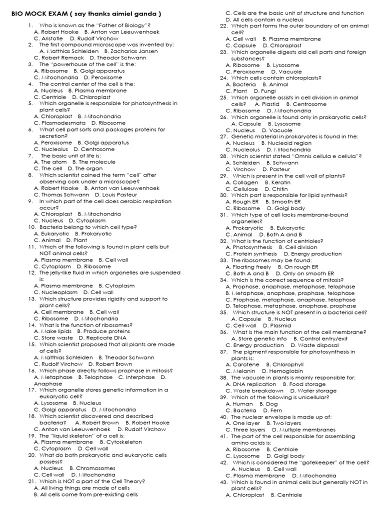 Bio Mock Exam by Aimiel Ganda | PDF | Cell (Biology) | Organelle